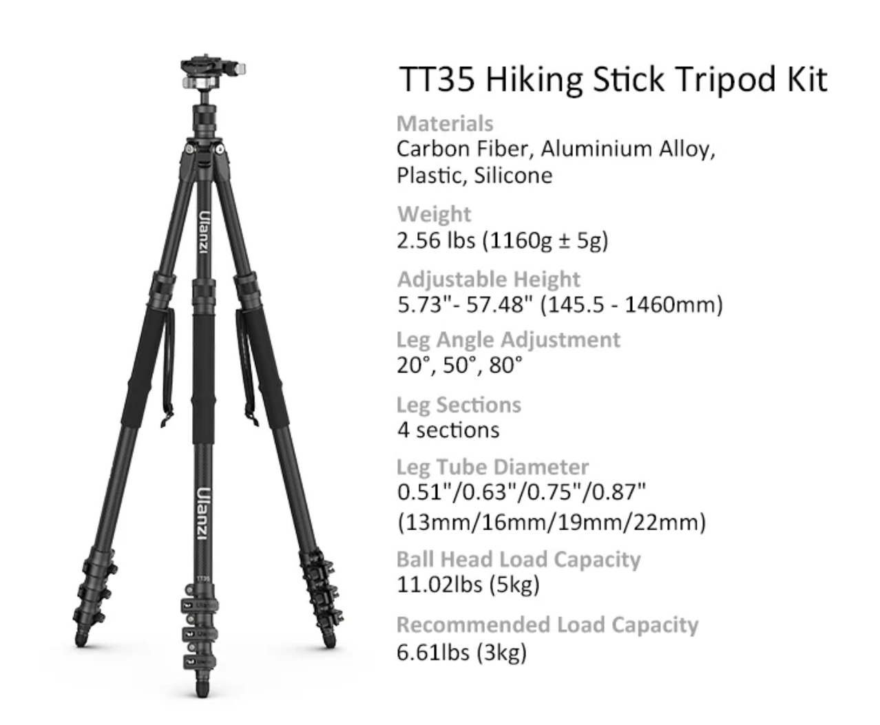 Ulanzi TT35 Carbon Fiber Hiking Stick Tripod Kit with Arca-Type Quick ...