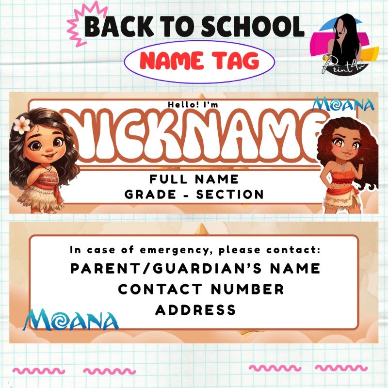 Name Tag Moana Laminated Nameplate for Students Kids Back to School ...