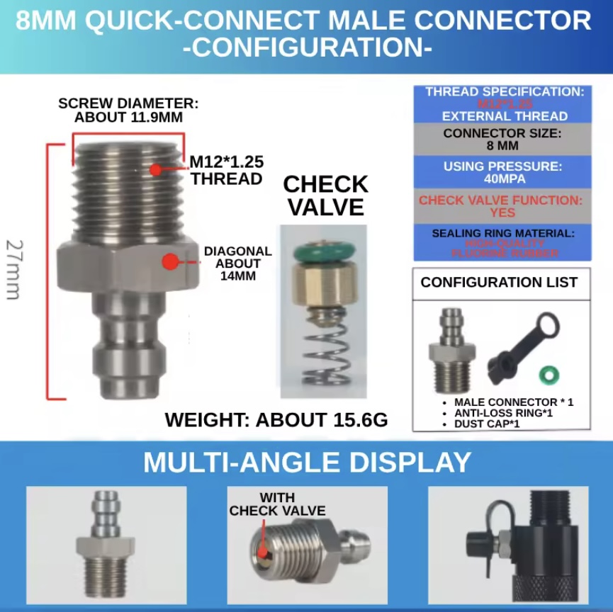 8mm Quick Connect Check Valve Male Thread Connector M12*1.25 gas ...