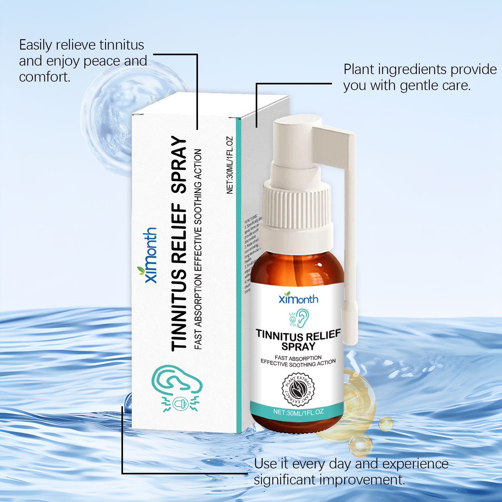 Ximonth Tinnitus Spray 30ml Ear Ringing Liquid Earwax Blockage Cleaning ...