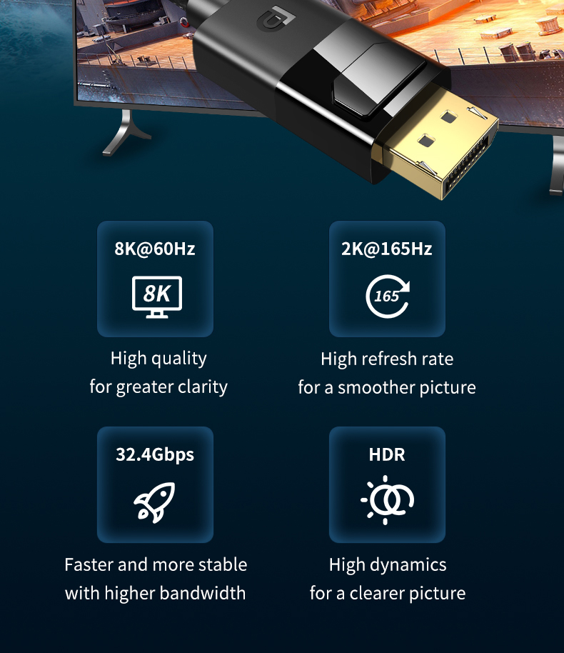 Jasoz Displayport 1.4 Cable 8K 4K/144hz 2K/165Hz DisplayPort Adapter ...