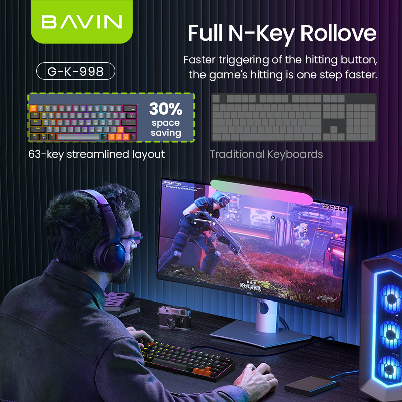 BAVIN K998 63-Key Mechanical Gaming Keyboard Ergonomic w/ Backlit RGB ...