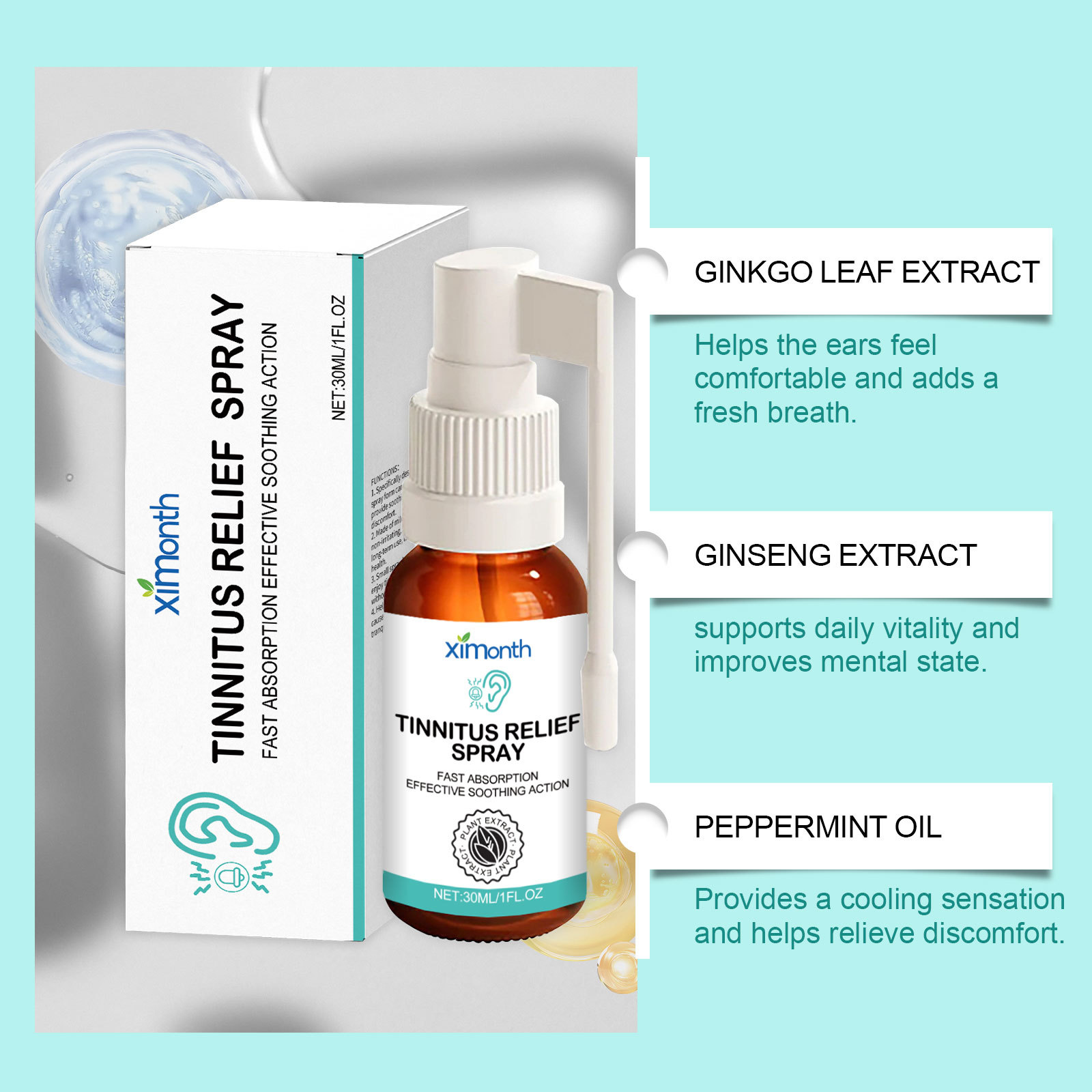 Ximonth Tinnitus Spray 30ml Ear Ringing Liquid Earwax Blockage Cleaning ...