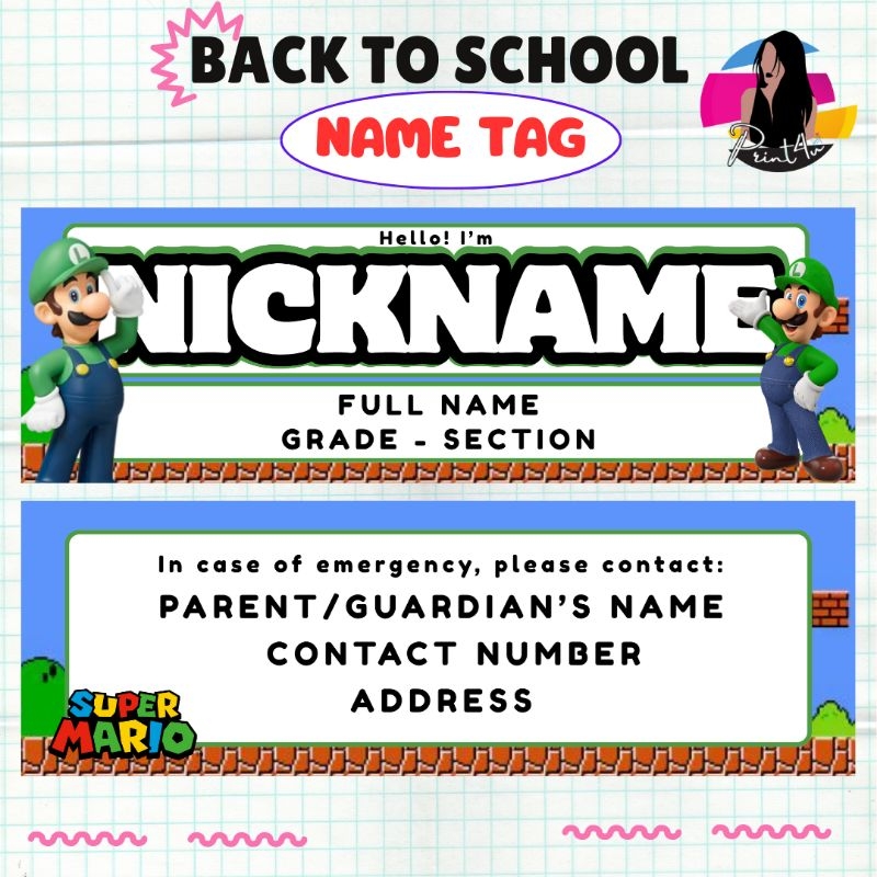 Name Tag Super Mario Laminated - Nameplate for students Luigi Back to ...