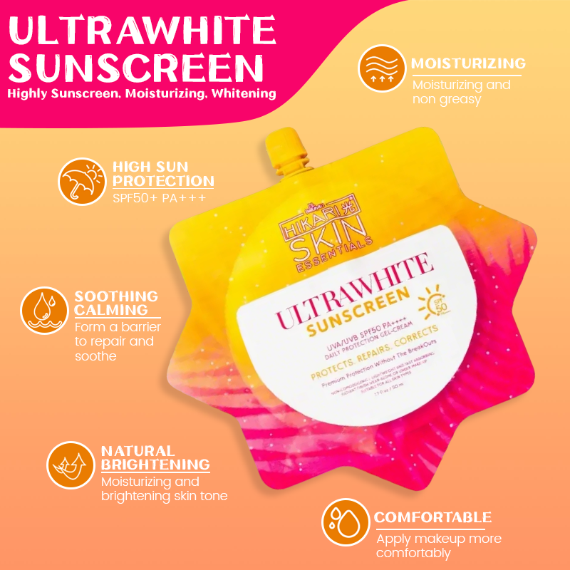 HIKARI ULTRA WHITE SUNSCREEN SPF 50++++ WHITENING GLASS SKIN CREAM GEL ...