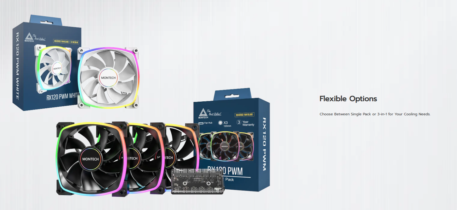 Montech RX120 PWM 120mm ARGB Reverse Single Fan Kit (Black | White ...
