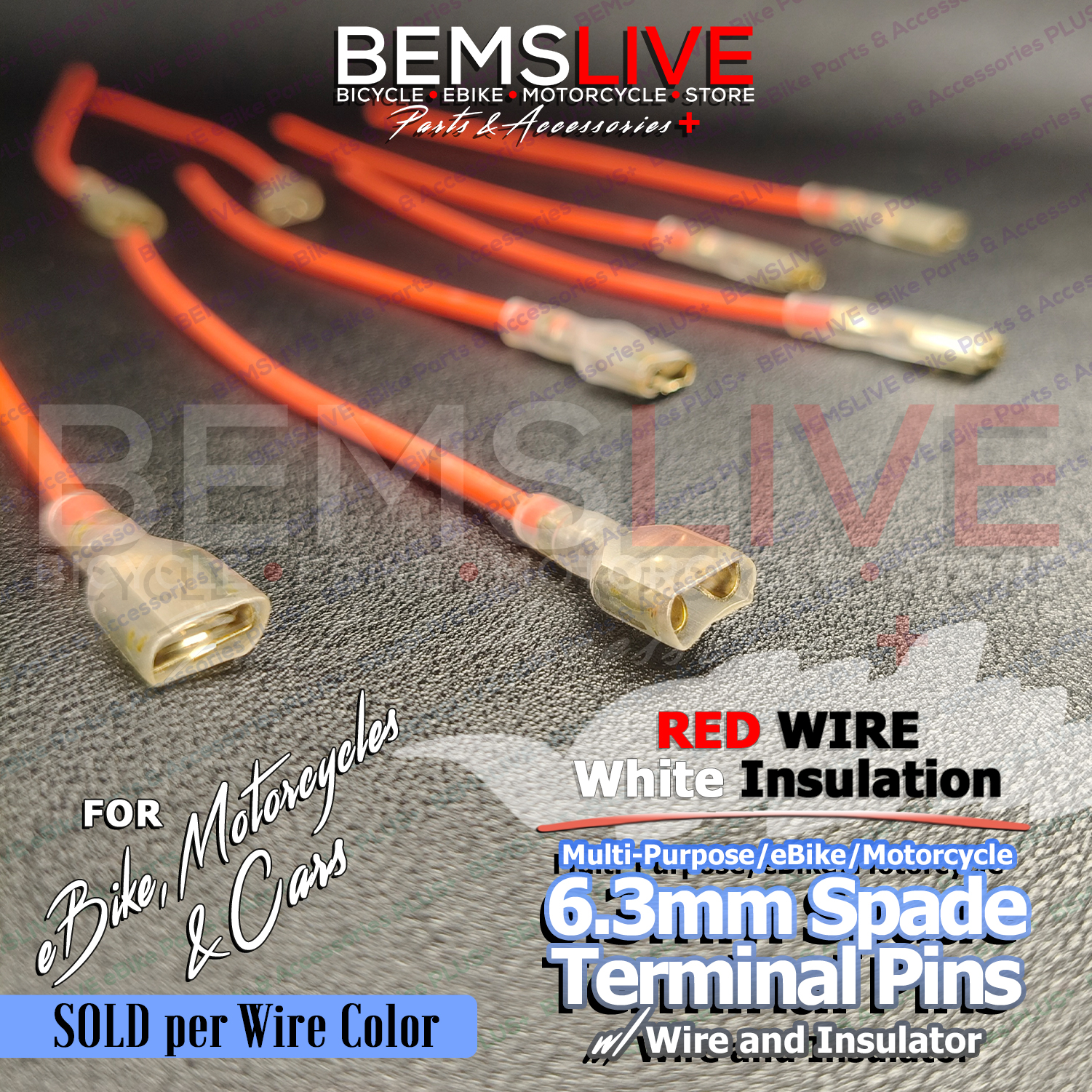 BEMS 6.3mm FEMALE Spade Connector with Wire & Insulator for Flat Horn ...