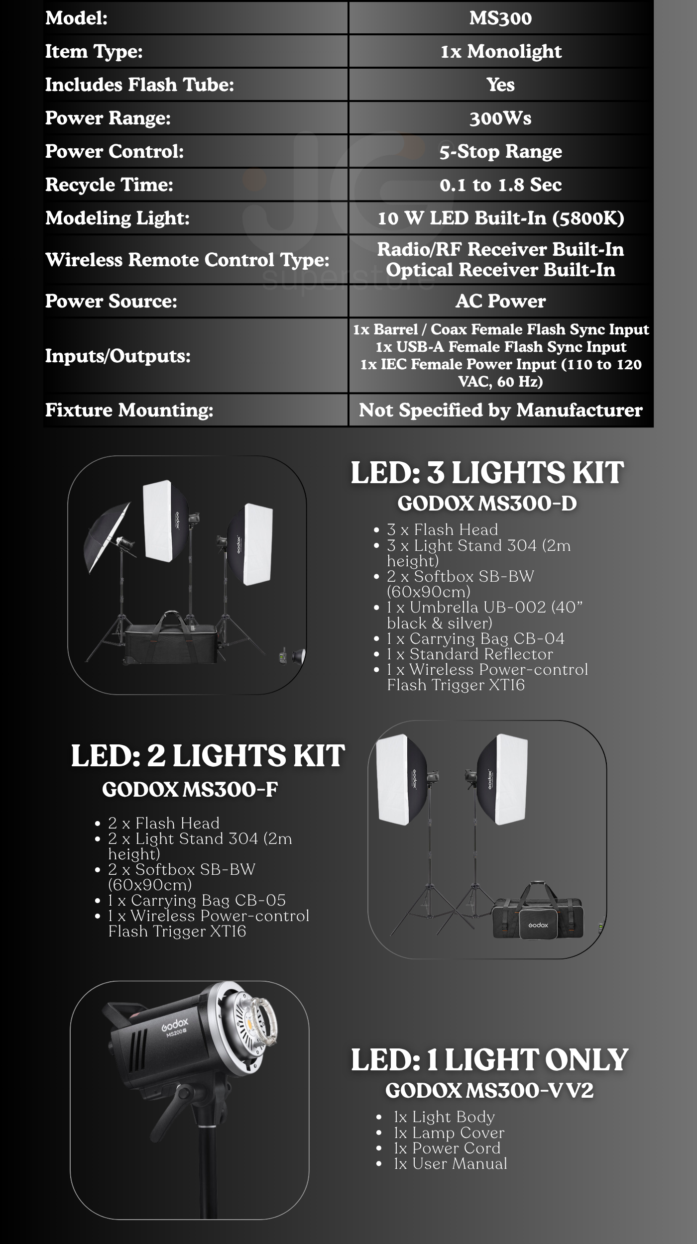 Godox MS300-V 300W Studio Flash Kit Monolight w/ Softbox, 150W Lamp ...