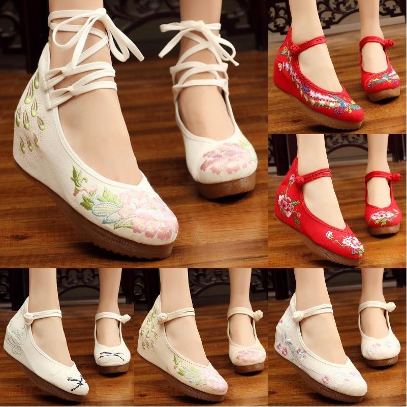 Antique Hanfu shoes, women's lace up embroidered shoes, sloping heels ...