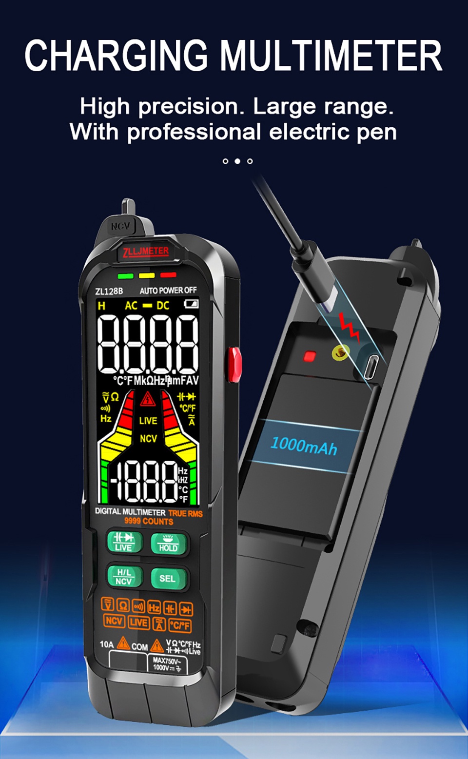 ZL126/ZL128 Digital Multimeter USB Rechargeable AC DC Current Voltage ...