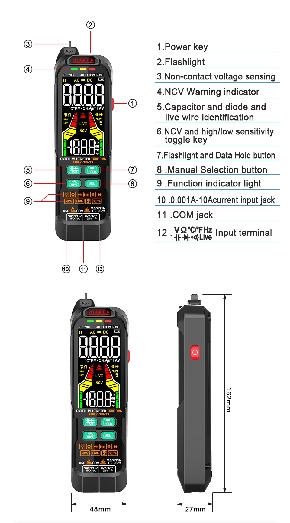 ZL126/ZL128 Digital Multimeter USB Rechargeable AC DC Current Voltage ...