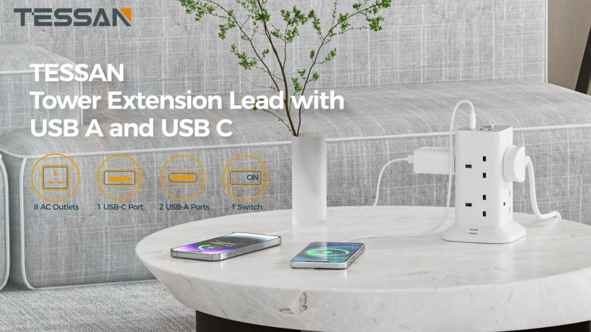 TESSAN 3M Extension Cord with USB C,8 Way Multi Plug Extension Socket ...