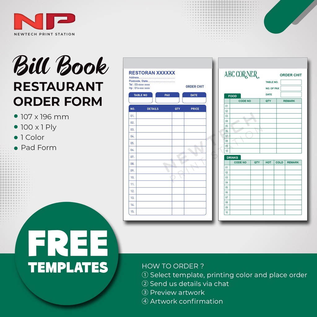 Restaurant Order Form / Order Chit / Kertas Menu Restoran / Bill Book ...