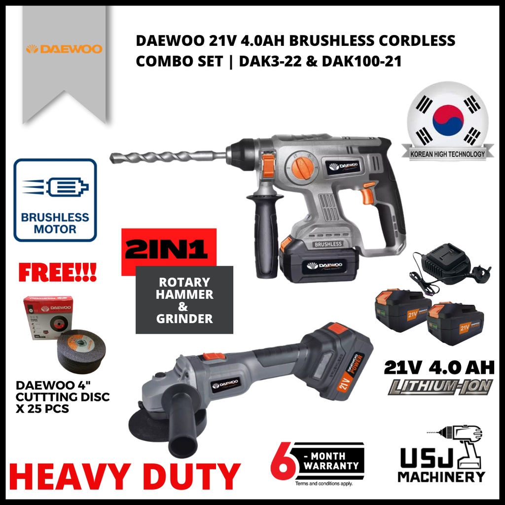 DAEWOO 21V 4.0Ah Brushless Cordless Combo Set - Rotary Hammer & Grinder ...