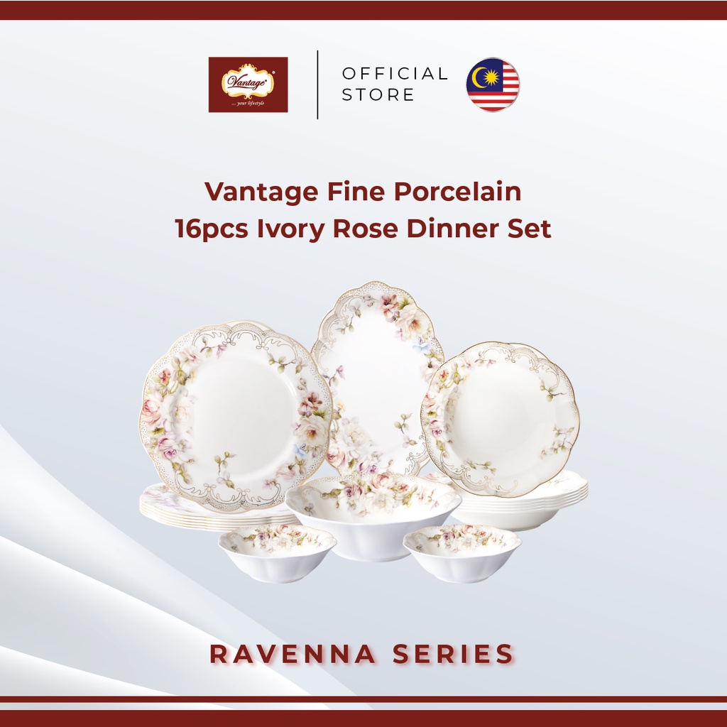 Vantage Fine Porcelain 16pcs Ivory Rose Dinner Set (Ravenna Series ...
