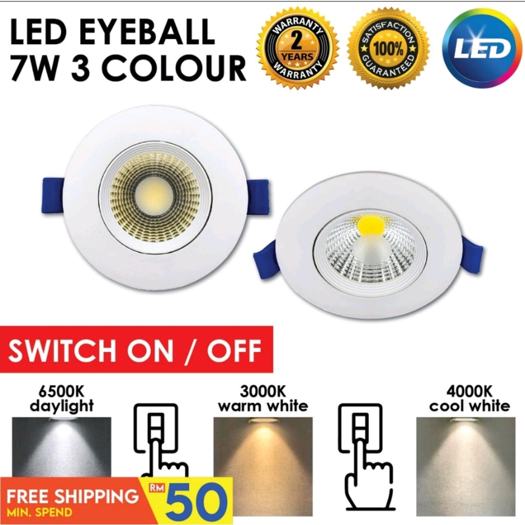 LED Eyeball 7W Spotlight 3 Colour Lampu Siling Ceiling Downlight (3 in ...