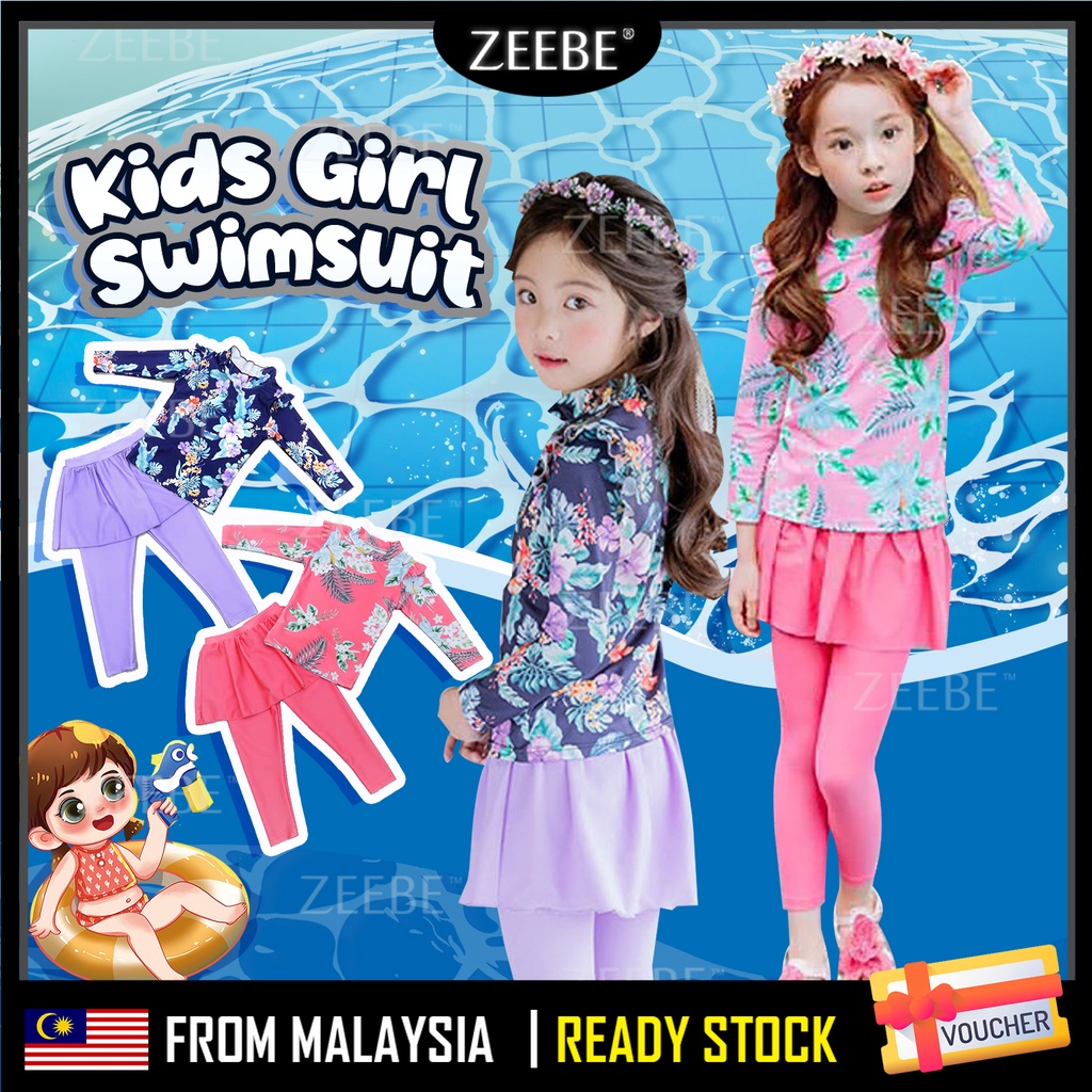 ZEEBE 2-12 Years Kids Swimsuit Girl Swimwear Long Sleeve Muslimah ...
