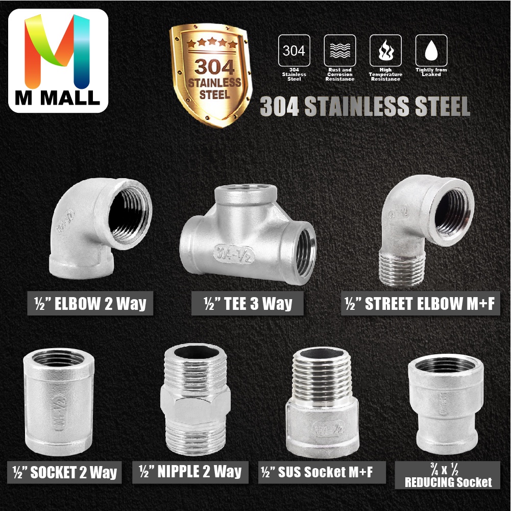 M MALL Stainless Steel SUS304 Pipe Fitting Tee Elbow socket Nipple ...
