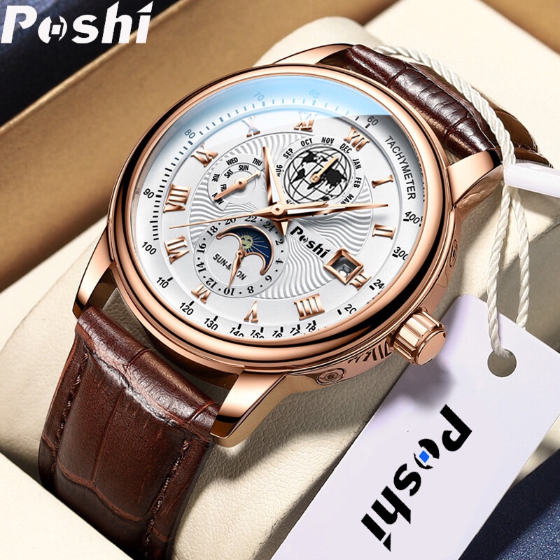 Original POSHI Men's Watch Genuine Leather Business Sport Waterproof ...