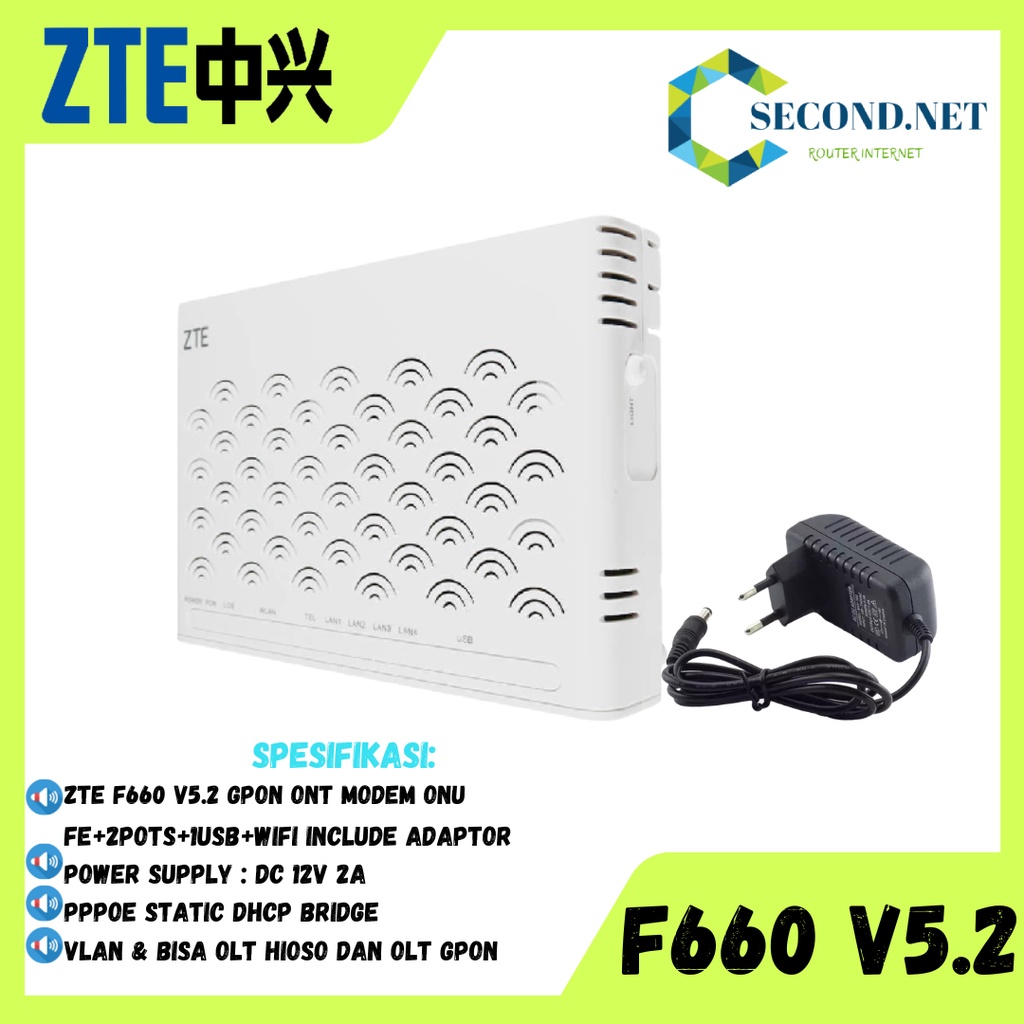 Zte F660 V5.2 GPON ONT ONU MODEM FE+2POTS+1USB+WIFI INCLUDE ADAPTER NEW ...