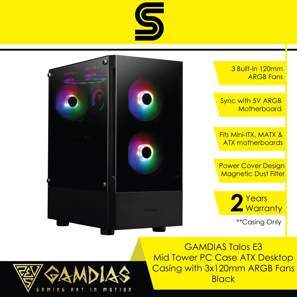 GAMDIAS Talos E3 Mid Tower PC Case ATX Desktop Casing with 3x120mm ARGB ...