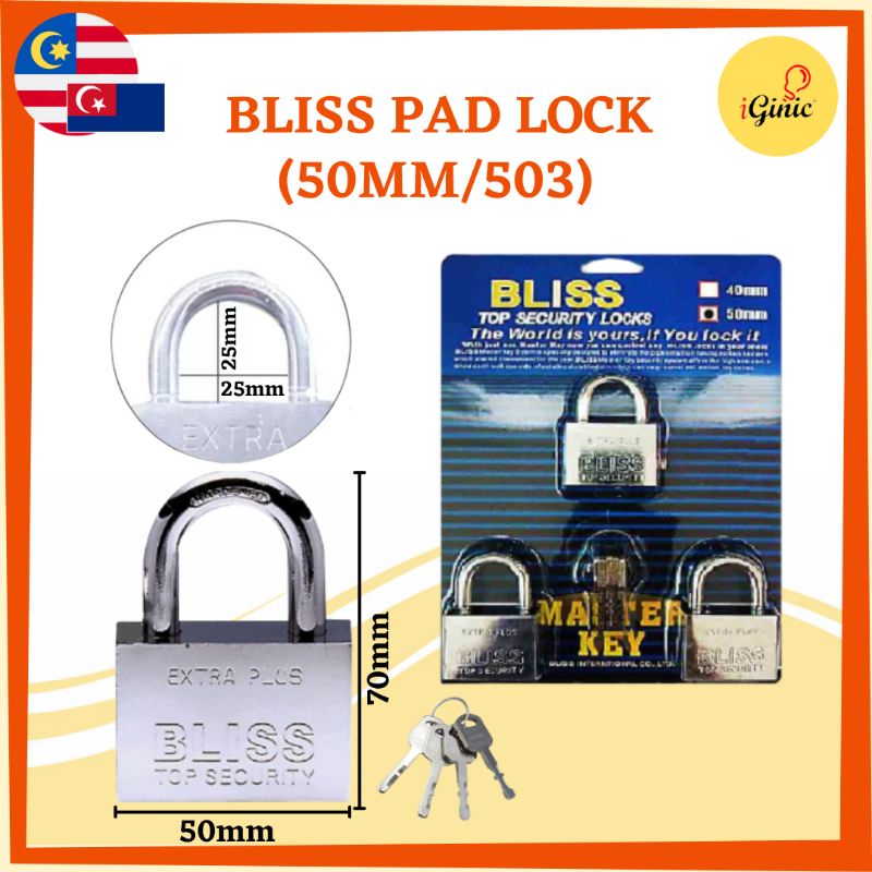 BLISS Pad Lock 40mm 50mm (4 Keys) Top Security Safety Lock *1 Key for ...