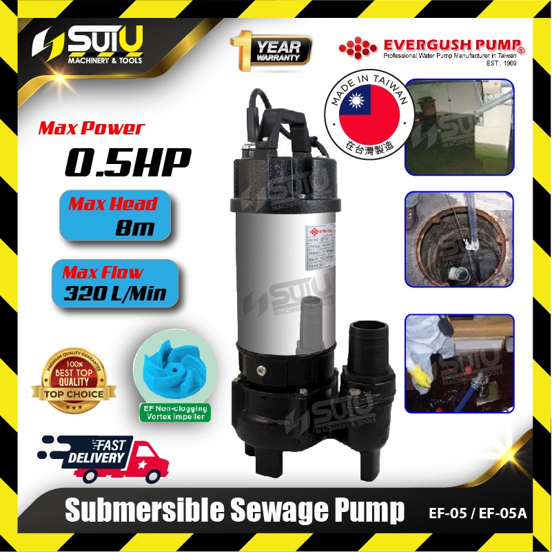 EVERGUSH EF-05 / EF05 / EF-05A / EF05A 0.5HP Submersible Sewage Pump ...
