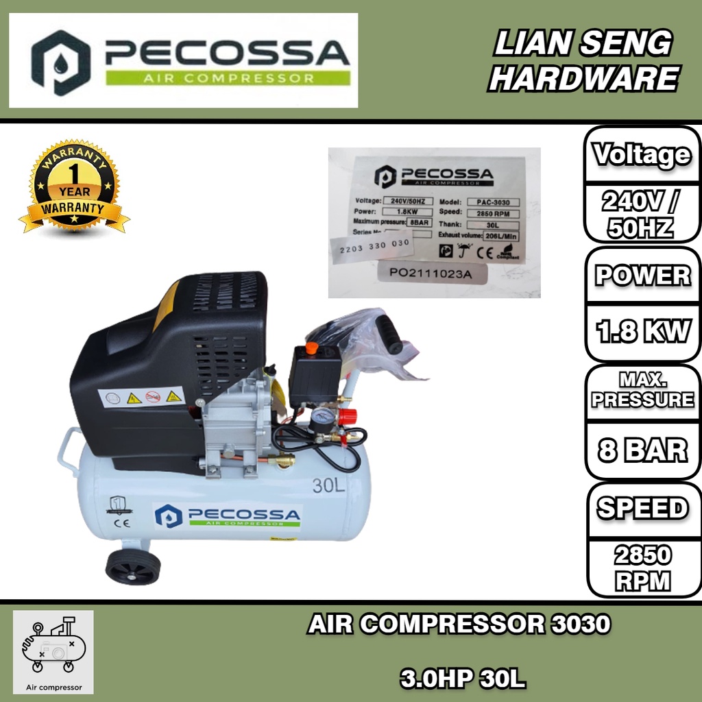 PECOSSA AIR COMPRESSOR 3030 3.0HP 30L | Shopee Malaysia