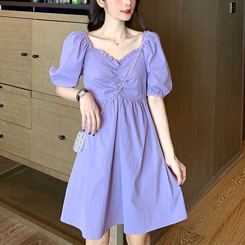 【40-100kg M-5XL] 大码女装温柔风连衣裙2021夏季新款胖mm减龄藏肉泡泡袖气质中长裙 fat bigsize oversize dress | Shopee Malaysia