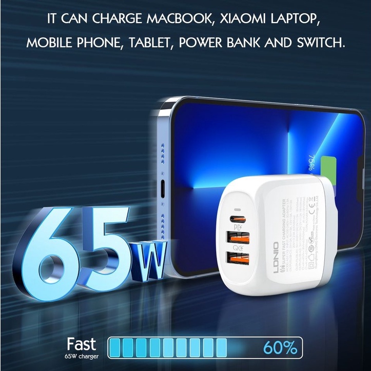 LDNIO A3511Q 65W Super Fast Charger / PD + QC3.0 Fast Quick Charging ...