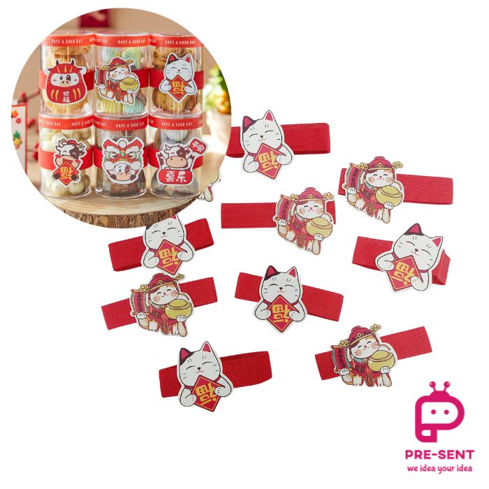 CNY Cookie Container Elastic Band with Cartoon Greeting Décor Card ...