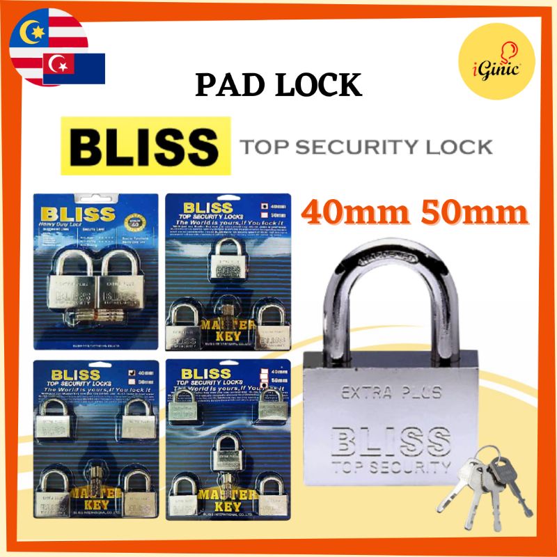 BLISS Pad Lock 40mm 50mm (4 Keys) Top Security Safety Lock *1 Key for ...