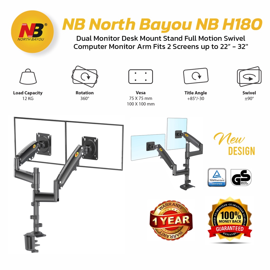 NB North Bayou H180 Gas Strut Dual TV Monitor Bracket Desk Stand With ...