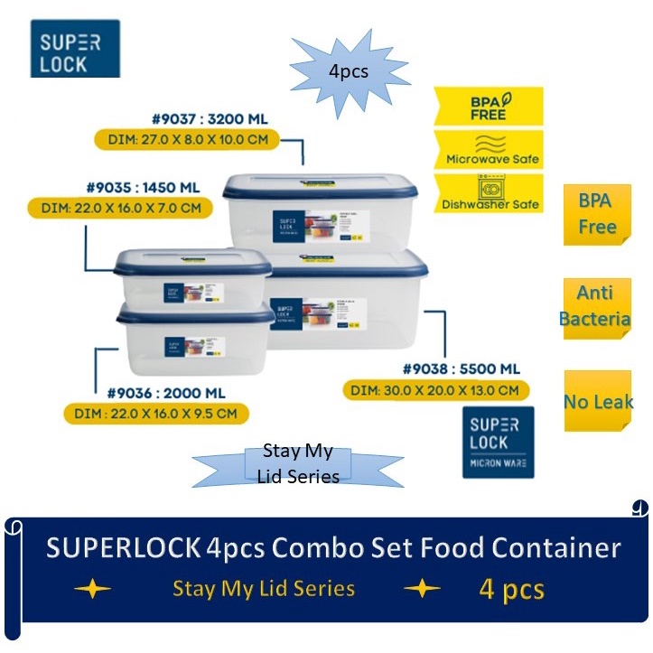 Superlock 4pcs Combo Set Food Container (Stay My Lid Series) [Anti Leak ...