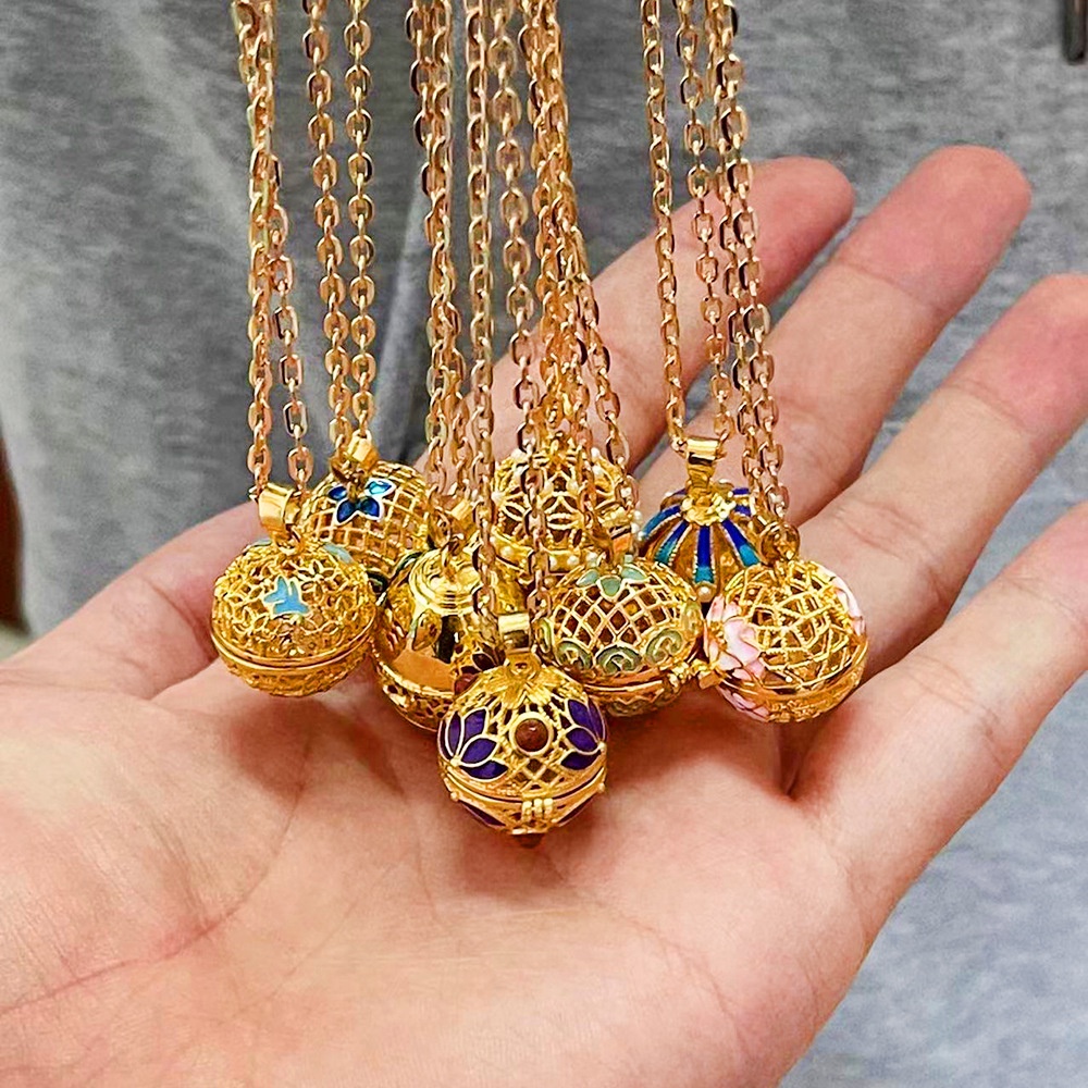 Gold enamel perfume locket pendant pearl necklace aromatherapy ...