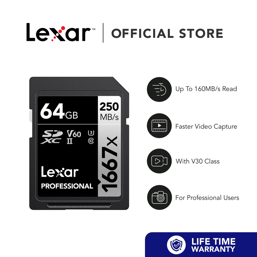 Lexar 64GB Professional 1667x SDXC UHS-II / U3 V60 250 / 120 MB/s ...