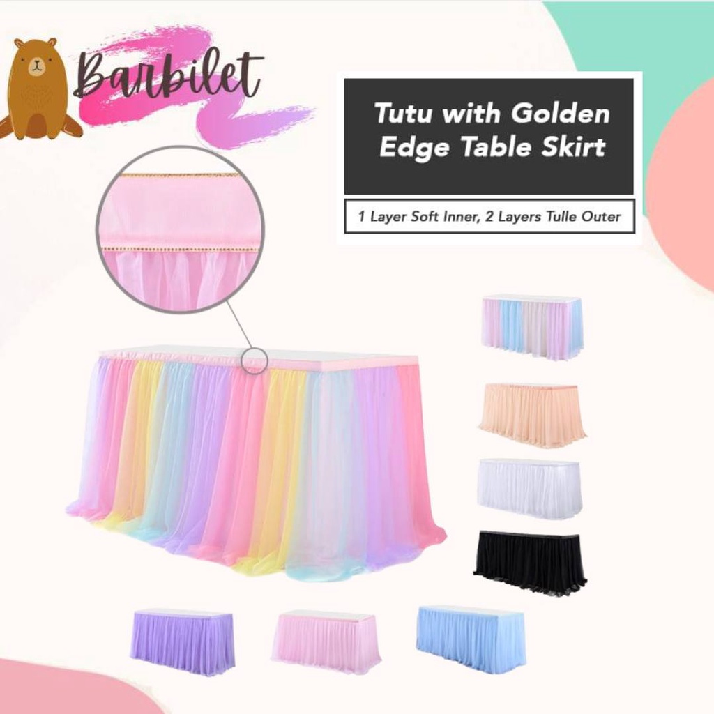 READY STOCK Table Skirt Tutu with Golden Edge Meja Birthday Decoration ...