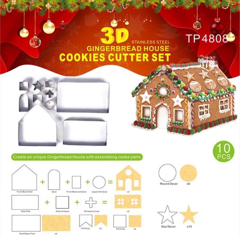 blg 10 Pack Christmas Cookie Cutters Set 3D Mini Gingerbread House ...