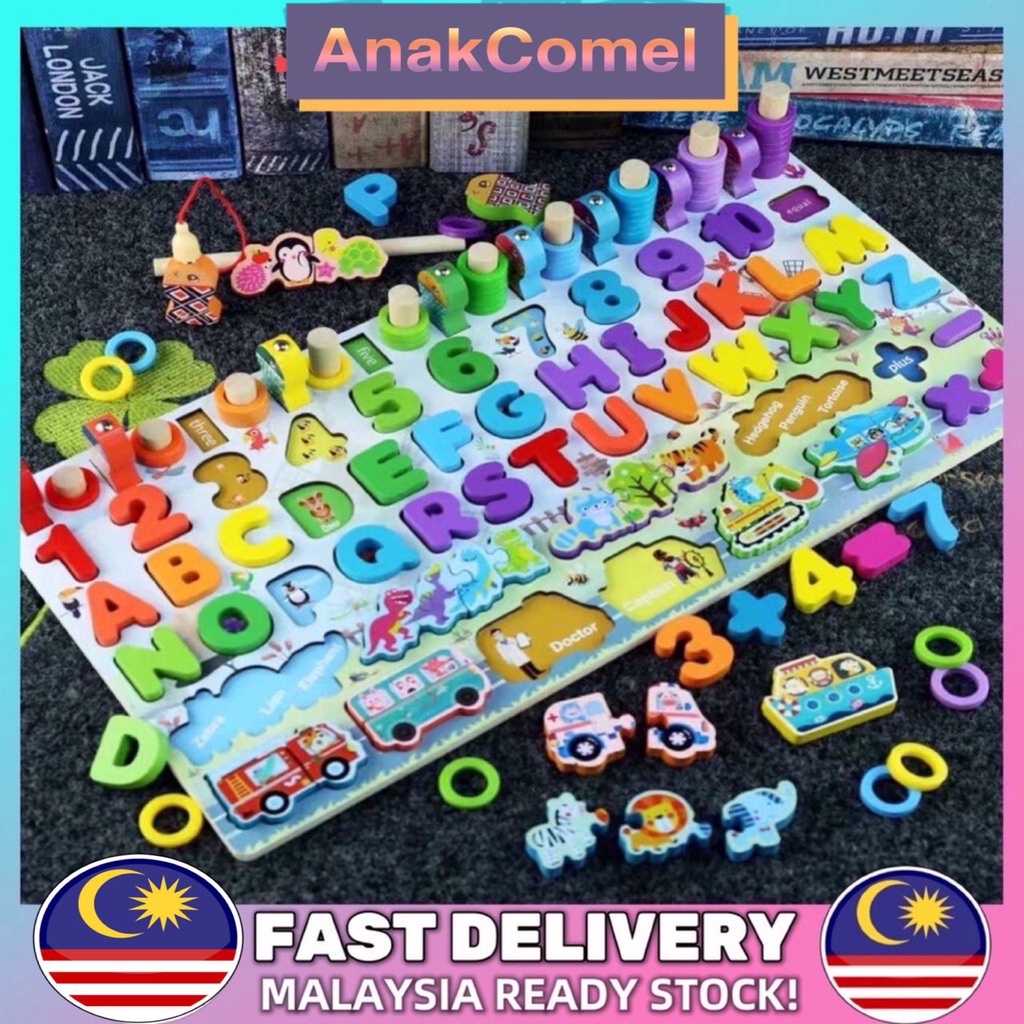 Wooden Puzzle ABC Alphabet 123 Early Educational Baby Learning Board ...
