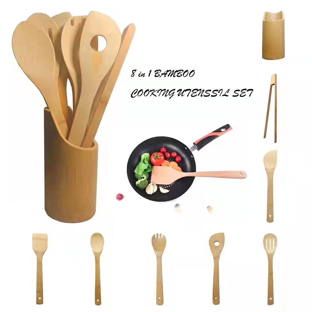 8 in 1 Eco Friendly-Bamboo Kitchen Utensil Set Tool Kitchenware (Bamboo ...
