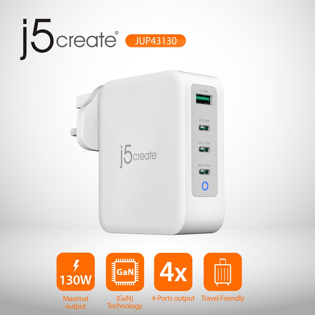 [IN STOCK] j5create JUP43130 4-Port GaN Charger UK plug Type C PD USB Charger Quick Charge for ...