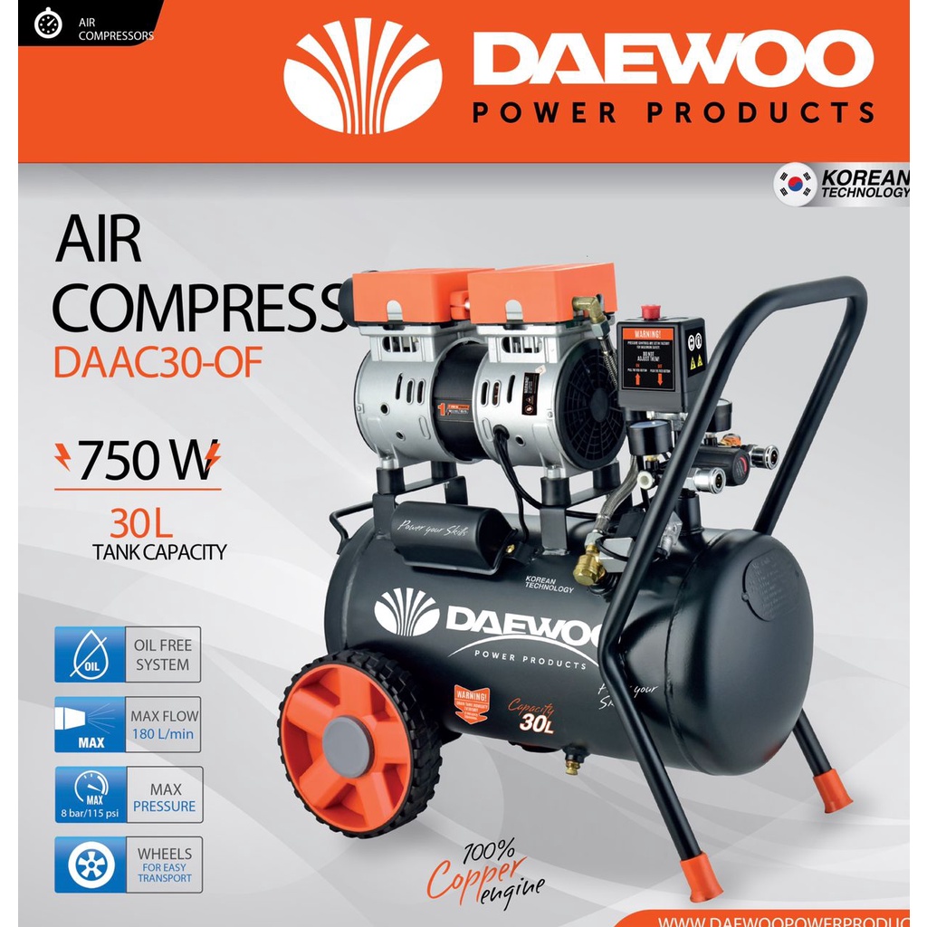 MYDIYHOMEDEPOT - DAEWOO Oil Free Air Compressor 30 Liter 1HP 750w ...