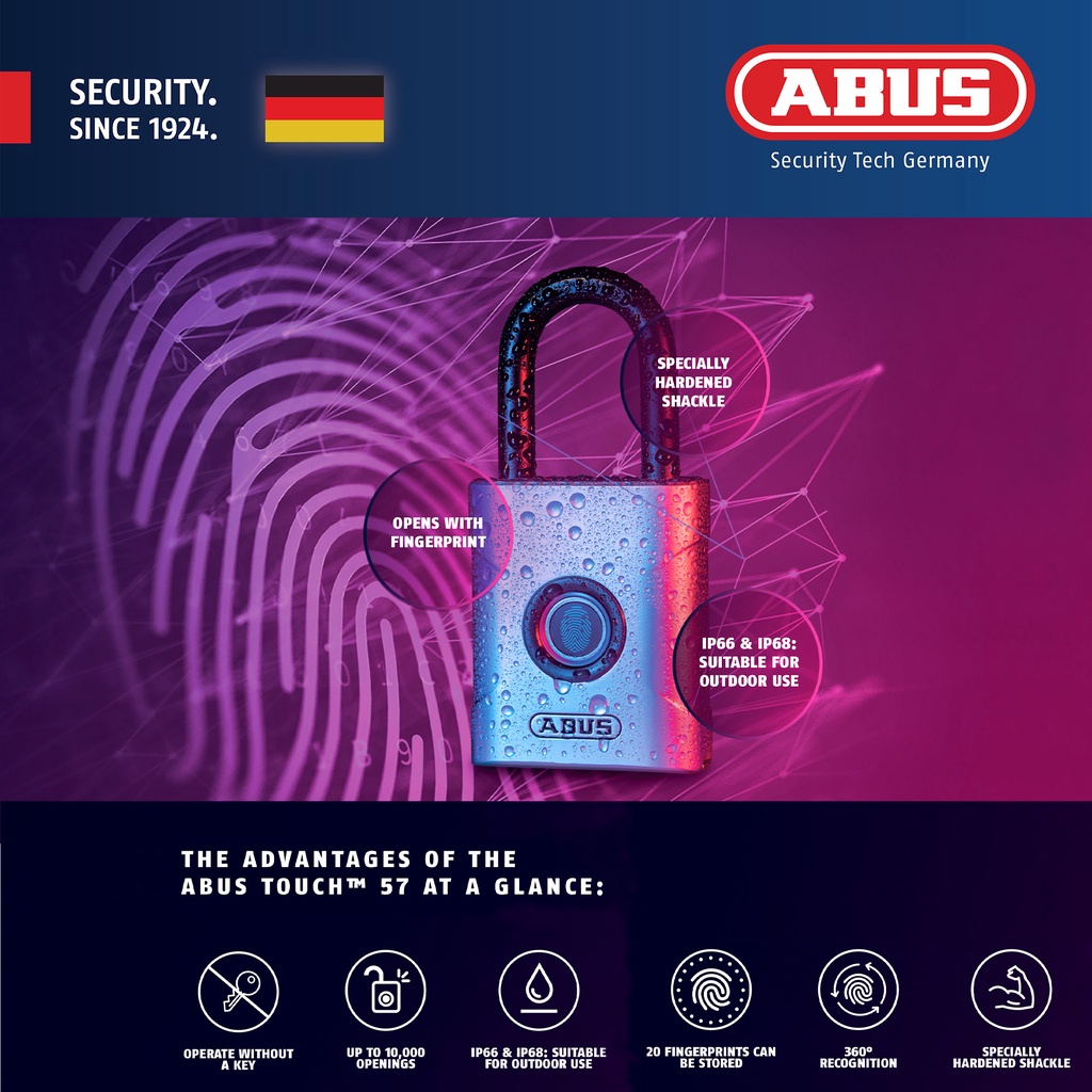 Abus Touch™ 57/50 Weatherproof Fingerprint Padlock | Shopee Malaysia