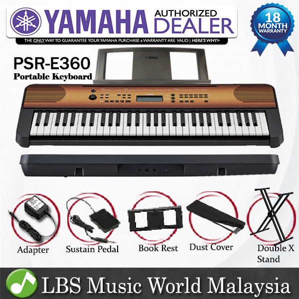 Yamaha PSR-E360 61 Key Portable Keyboard Electric Piano Maple Stand & Pedal (PSR E360 PSRE360 ...