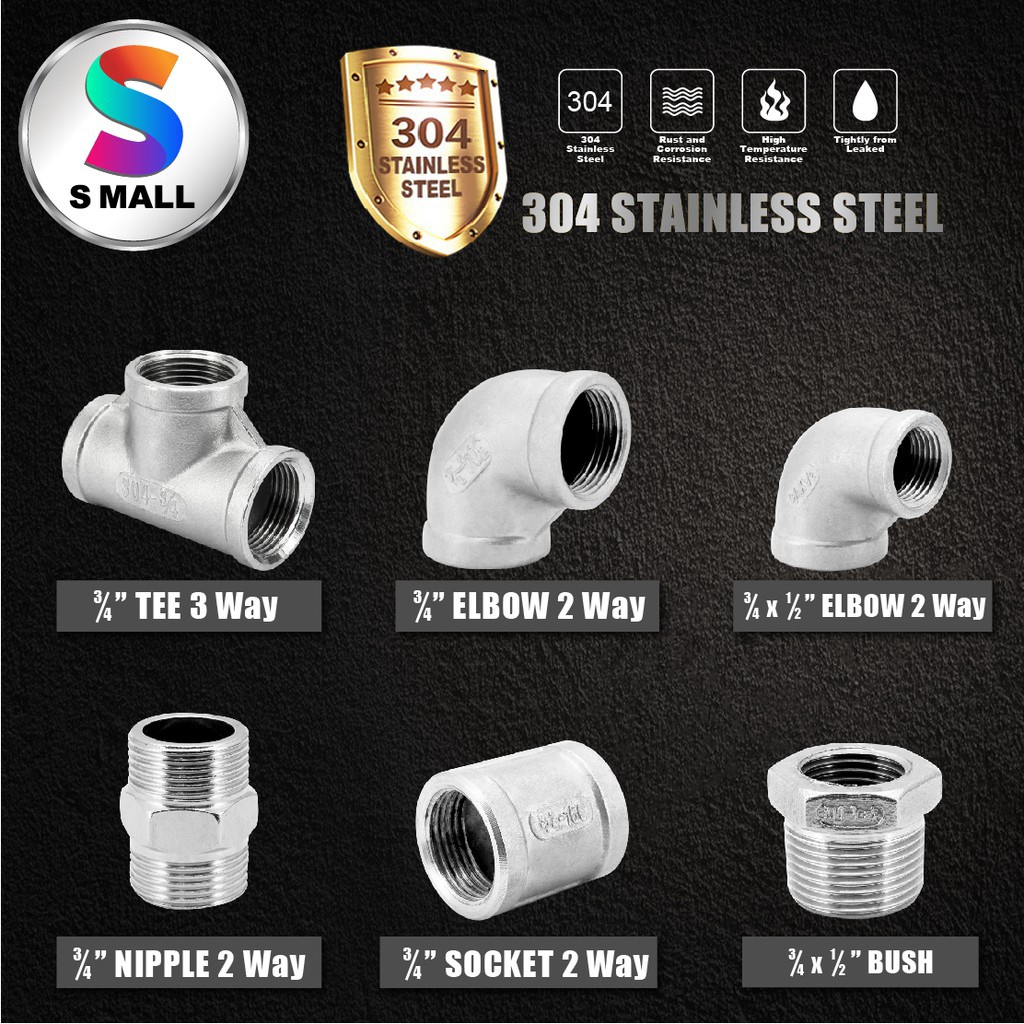 S MALL Stainless Steel SUS304 Tee Elbow Nipple Socket 3/4" / 1/2" Elbow and bush Threaded Pipe ...