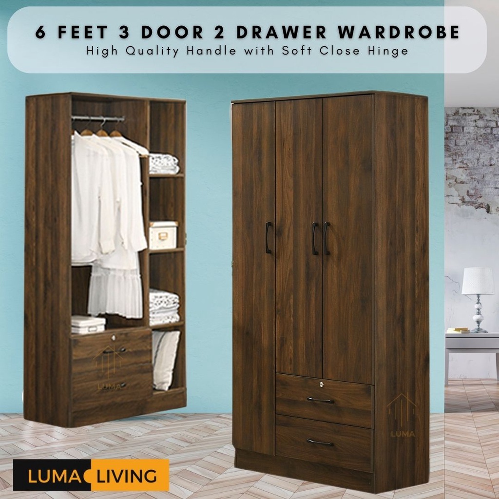 LUMA Living Almari Baju Wardrobe Clothes Furniture Rak Baju 3 Door 2 ...