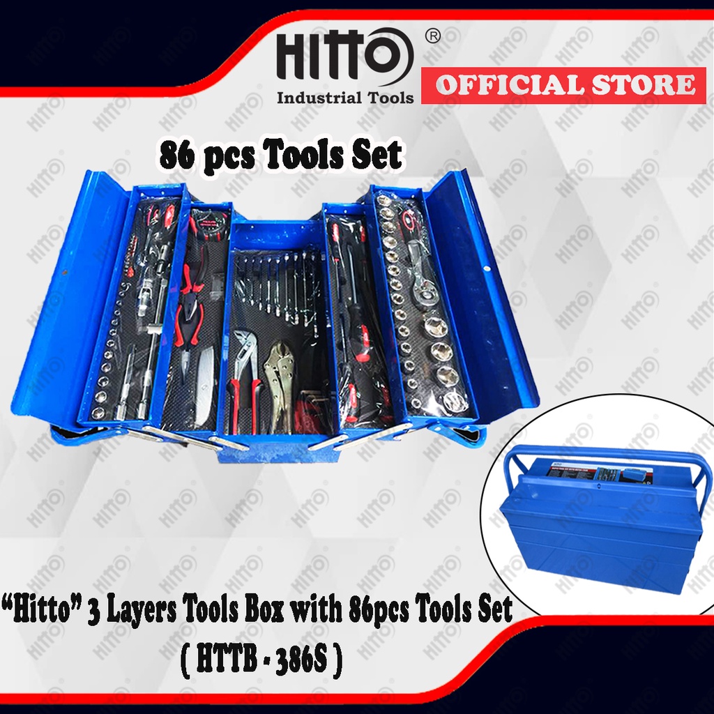 [ HITTO ] 3 Layer Tools Box With 86Pcs Tools Set With Metal Case ...
