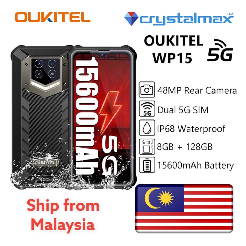 OUKITEL WP15 5G 6.52'' HD+ 15600mAh Rugged Handphone IP68&IP69K Waterproof 48MP Camera ...