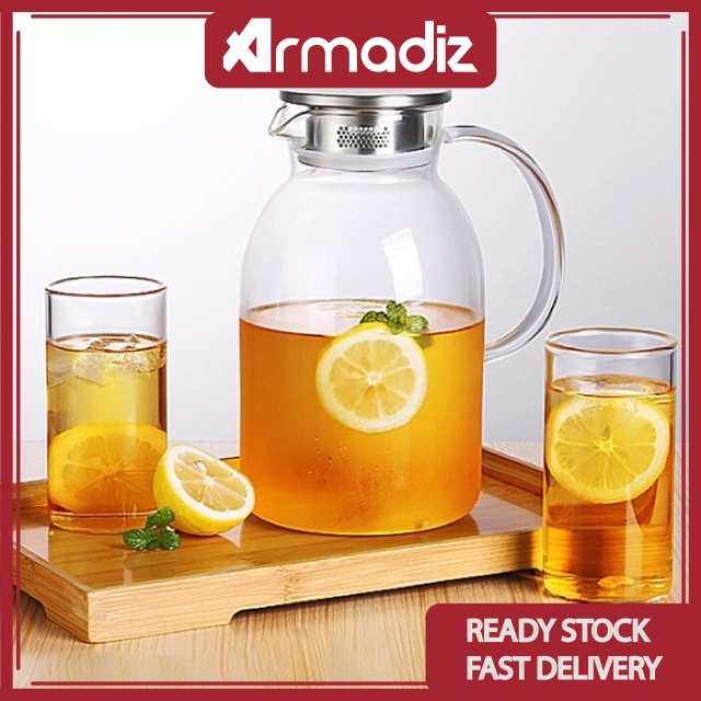 AMZ XL Water Jug Borosilicate Glass Jug with Stainless Steel Lid Cool ...