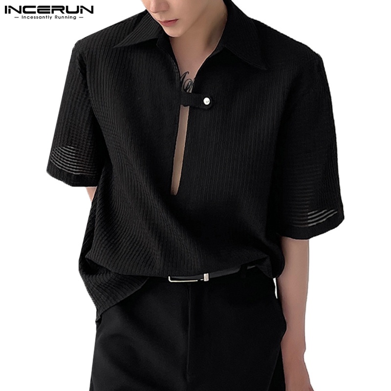 INCERUN Mens Short Sleeve See Through Mesh Collared Solid Deep V Polo ...